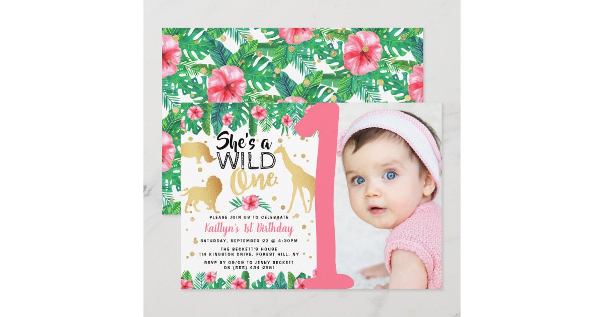 Wild One Girls Photo First Birthday Invitations | Zazzle