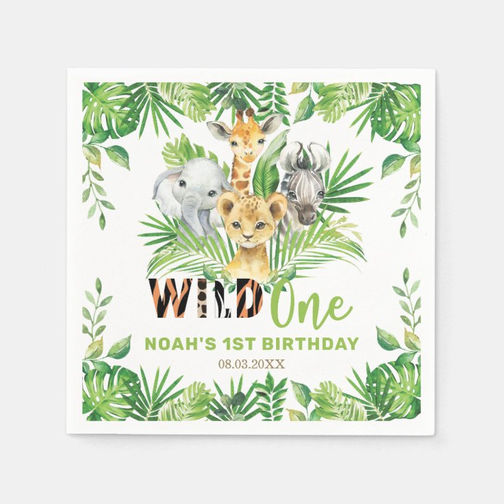 Wild One Jungle Animals Greenery 1st Birthday Napkins | Zazzle