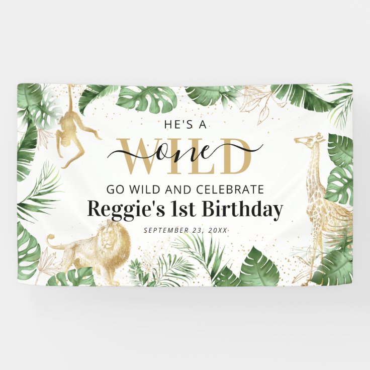Wild One Jungle Safari Green & Gold 1st Birthday Banner | Zazzle