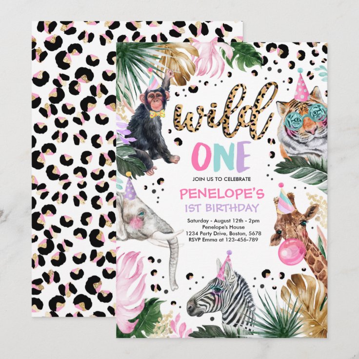 Wild One Leopard Print Safari Animals 1st Birthday Invitation | Zazzle