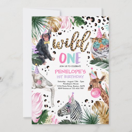 Wild One Leopard Print Safari Animals 1st Birthday Invitation | Zazzle
