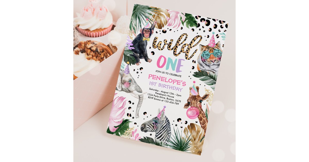 Wild One Leopard Print Safari Animals 1st Birthday Invitation | Zazzle