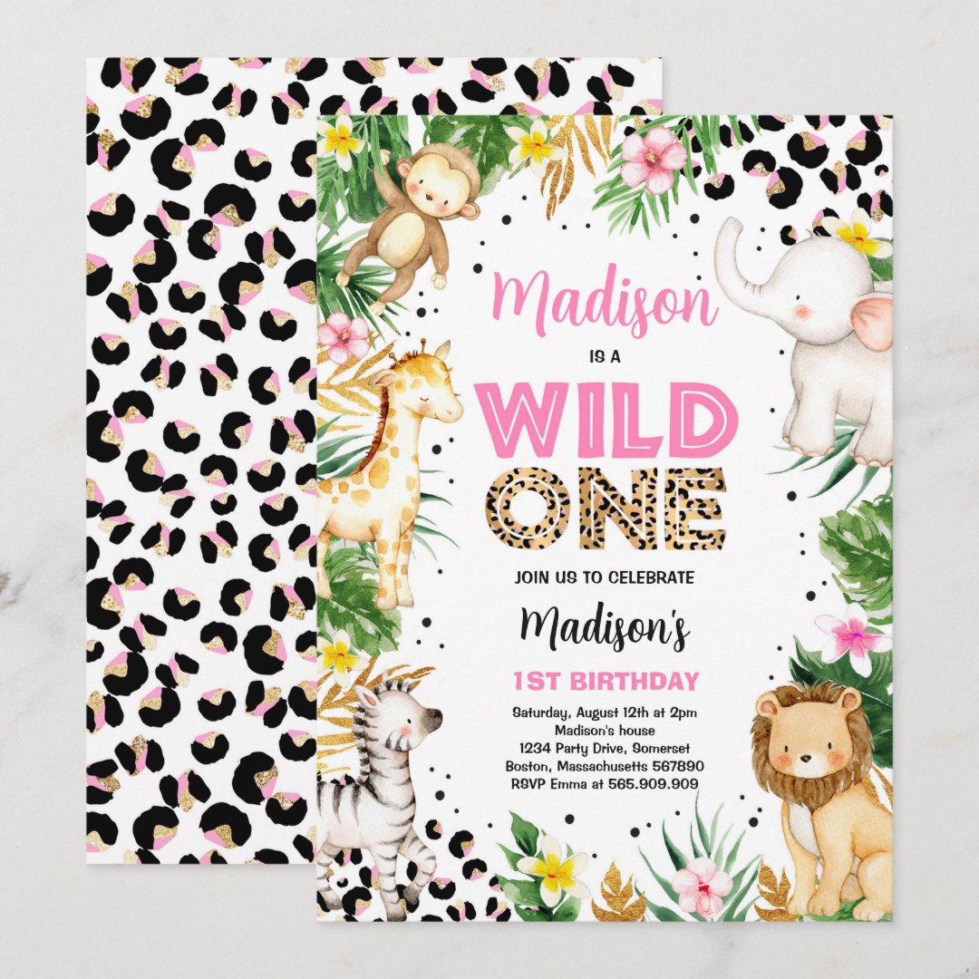 Wild One Leopard Print Safari Animals 1st Birthday Invitation | Zazzle