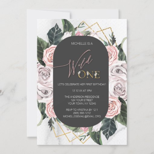 Wild One Pink Gold Boho Floral Rose First Birthday Invitation | Zazzle