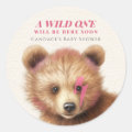 Wild One Pink Hair Bear Baby Shower Classic Round Sticker | Zazzle