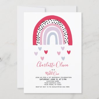 Wild One Pink Rainbow Girl's 1st Birthday Party Invitation | Zazzle