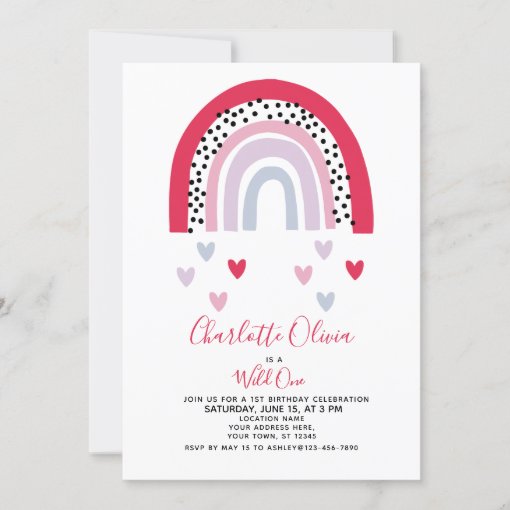 Wild One Pink Rainbow Girl's 1st Birthday Party Invitation | Zazzle