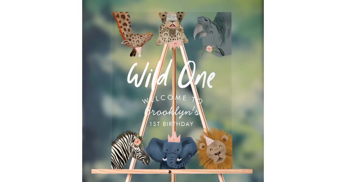 Wild One Pink Safari Birthday Welcome Acrylic Sign | Zazzle