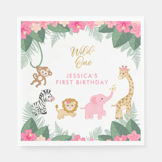 Wild ONE - Pink Safari Girl's FIRST Birthday Napkins | Zazzle