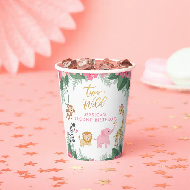 Wild ONE - Pink Safari Girl's SECOND Birthday Paper Cups | Zazzle