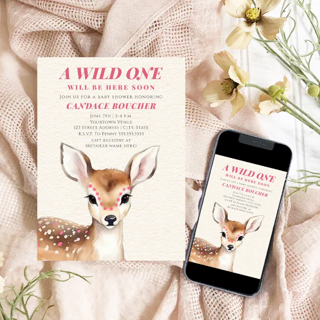 Wild One Pink Spotted Fawn Deer Baby Shower Invitation | Zazzle