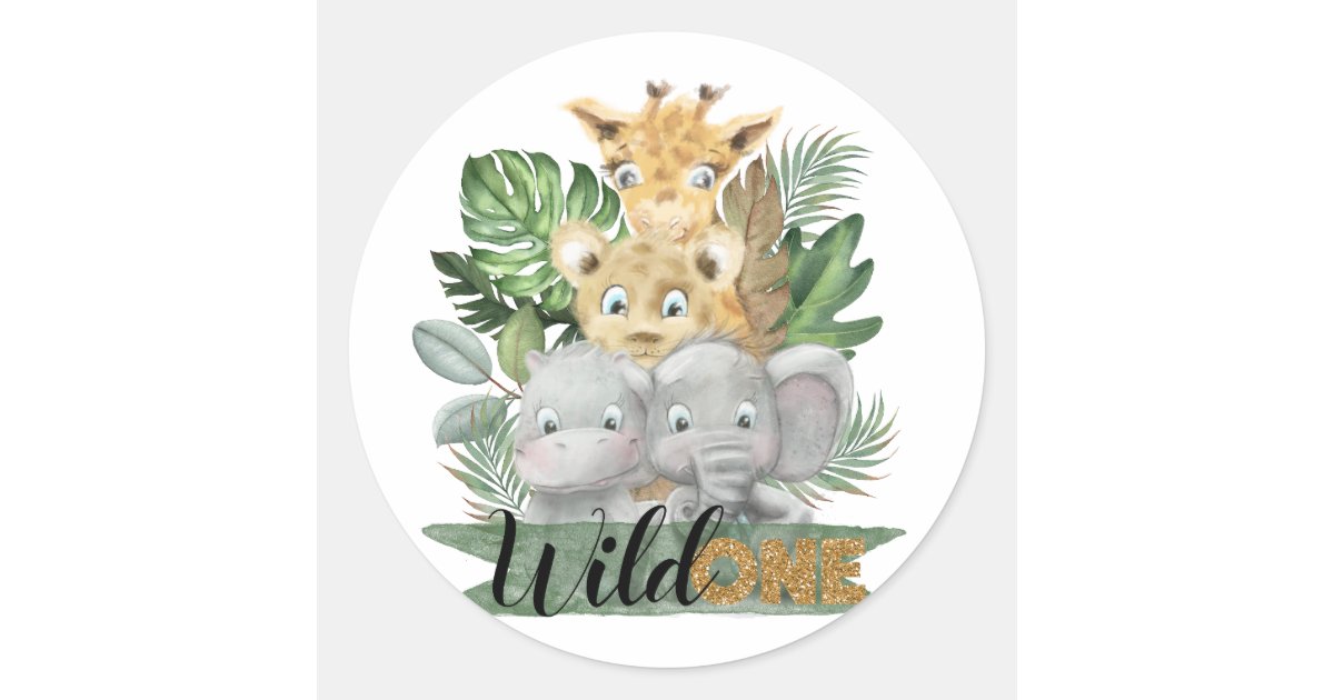 Wild one safari animals and tropical leaves classic round sticker | Zazzle