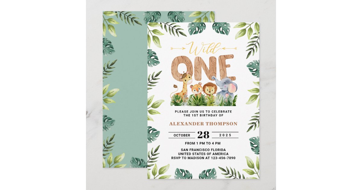 Wild One Safari Greenery Jungle 1st Birthday Party Invitation | Zazzle