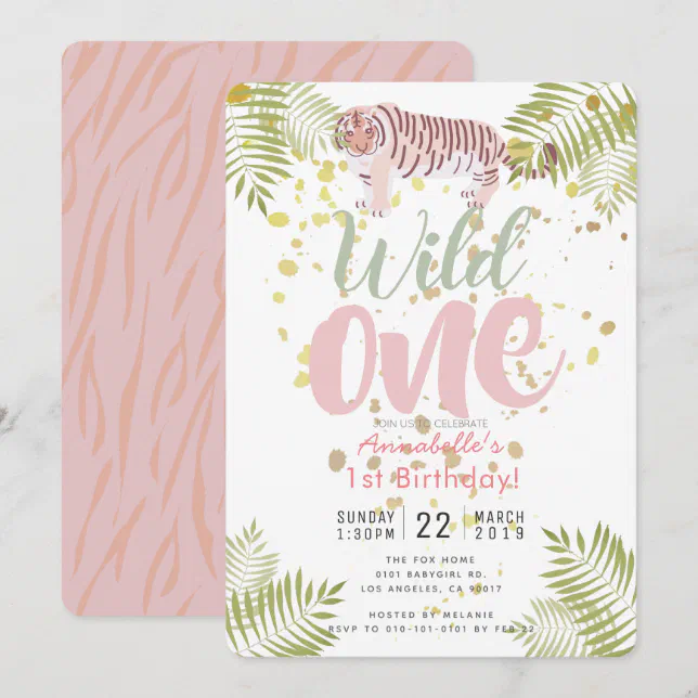 Wild One Tiger Pink Girl 1st Birthday Invitation | Zazzle