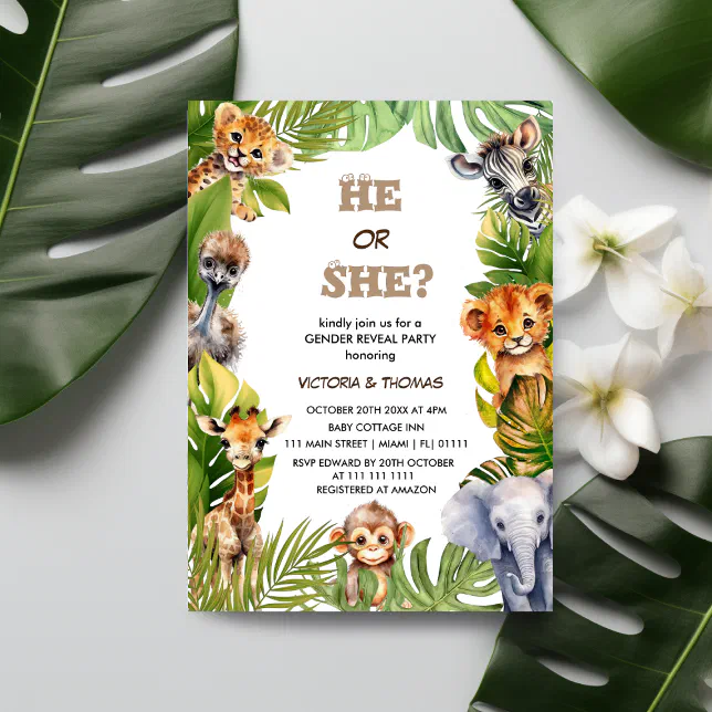 Wild One Tropical Safari Animals Gender Reveal Invitation | Zazzle