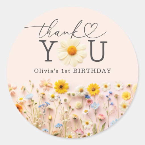 Wild One Wildflower First 1st Birthday Party Classic Round Sticker | Zazzle