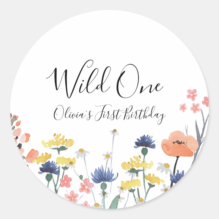 Wild One Wildflower first birthday Classic Round Sticker | Zazzle