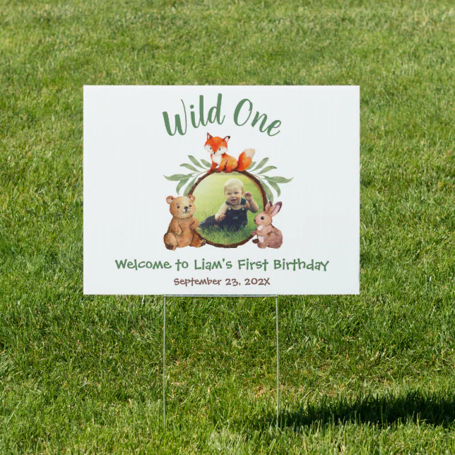 Wild One Woodland Animals Photo First Birthday Sign | Zazzle