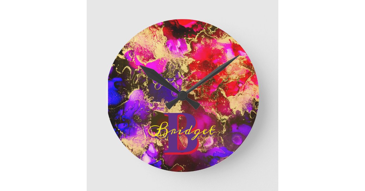 Wild Purple and Fuscia Alcohol Ink Round Clock | Zazzle