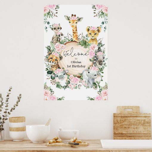 Wild Safari Animals Floral Greenery Birthday Baby Poster | Zazzle