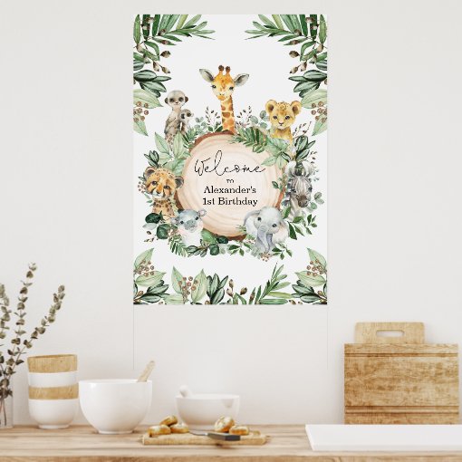 Wild Safari Animals Rustic Greenery Birthday Baby Poster | Zazzle