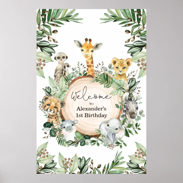 Wild Safari Animals Rustic Greenery Birthday Baby Poster | Zazzle