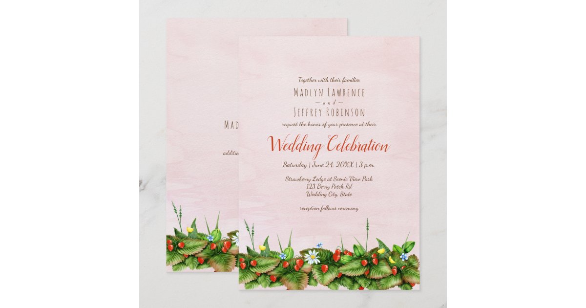 Wild strawberries meadow flowers blush wedding invitation | Zazzle
