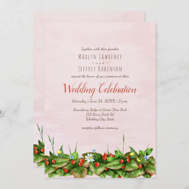 Wild strawberries meadow flowers blush wedding invitation | Zazzle