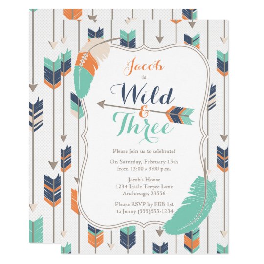 Wild Three Tribal Arrows Birthday Party Blue Green Invitation | Zazzle.com