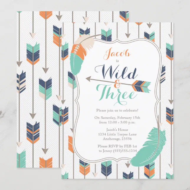 Wild Three Tribal Arrows Birthday Party Blue Green Invitation | Zazzle