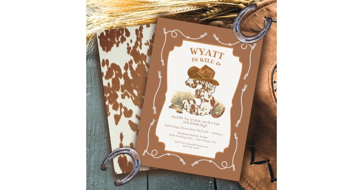 Wild & Three Western Cowboy Birthday Party Invitation | Zazzle