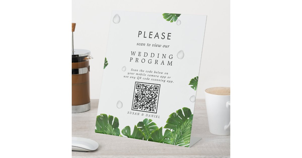 Wild Tropical Palm Leaves QR Code Wedding Program Pedestal Sign | Zazzle