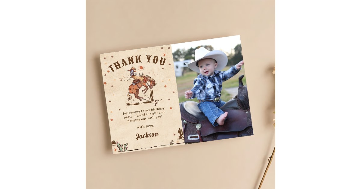 Wild West Rodeo Cowboy Birthday Photo Thank You Card | Zazzle