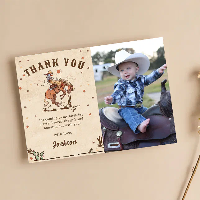 Wild West Rodeo Cowboy Birthday Photo Thank You Card | Zazzle
