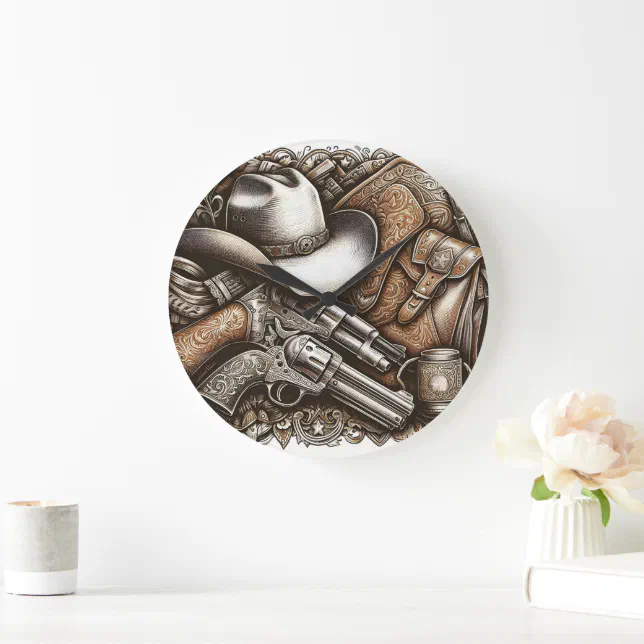 Wild West With Cowboy Hat and Guns Large Clock | Zazzle