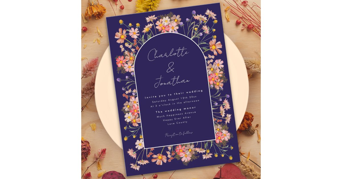 Wildflower Arch Navy Blue Terracotta Fall Wedding Invitation | Zazzle