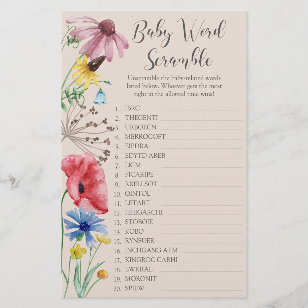 Wildflower Baby Shower Baby Word Scramble Game | Zazzle