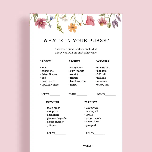Wildflower Baby Shower What's In Your Purse Game | Zazzle