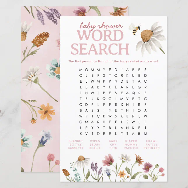 Wildflower Baby Shower Word Search Game Sheet | Zazzle
