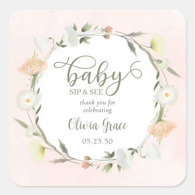 Wildflower Baby Sip And See Thank You Square Sticker | Zazzle
