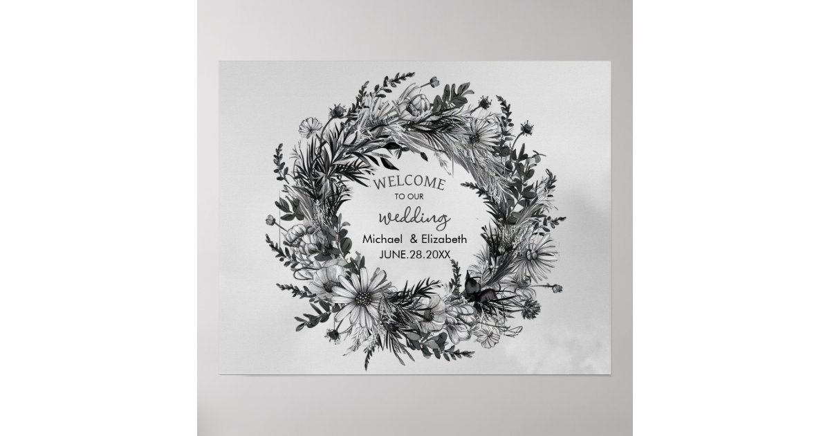 Wildflower black and white Wedding Welcome Sign | Zazzle