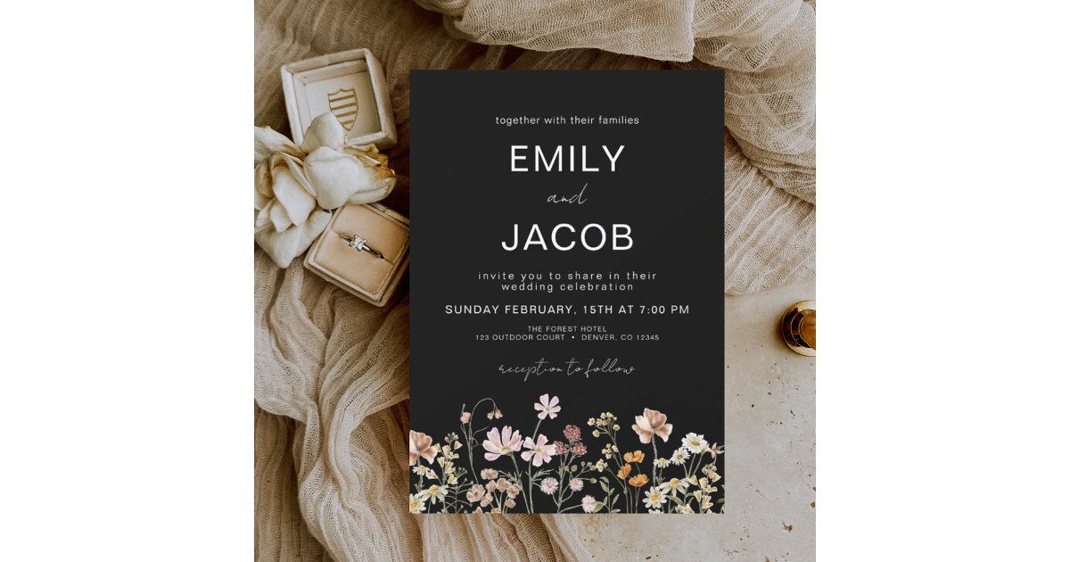 Wildflower Boho Black Botanical Wedding Invitation | Zazzle