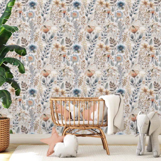 Wildflower Boho Botanical Honey Bee Wallpaper | Zazzle