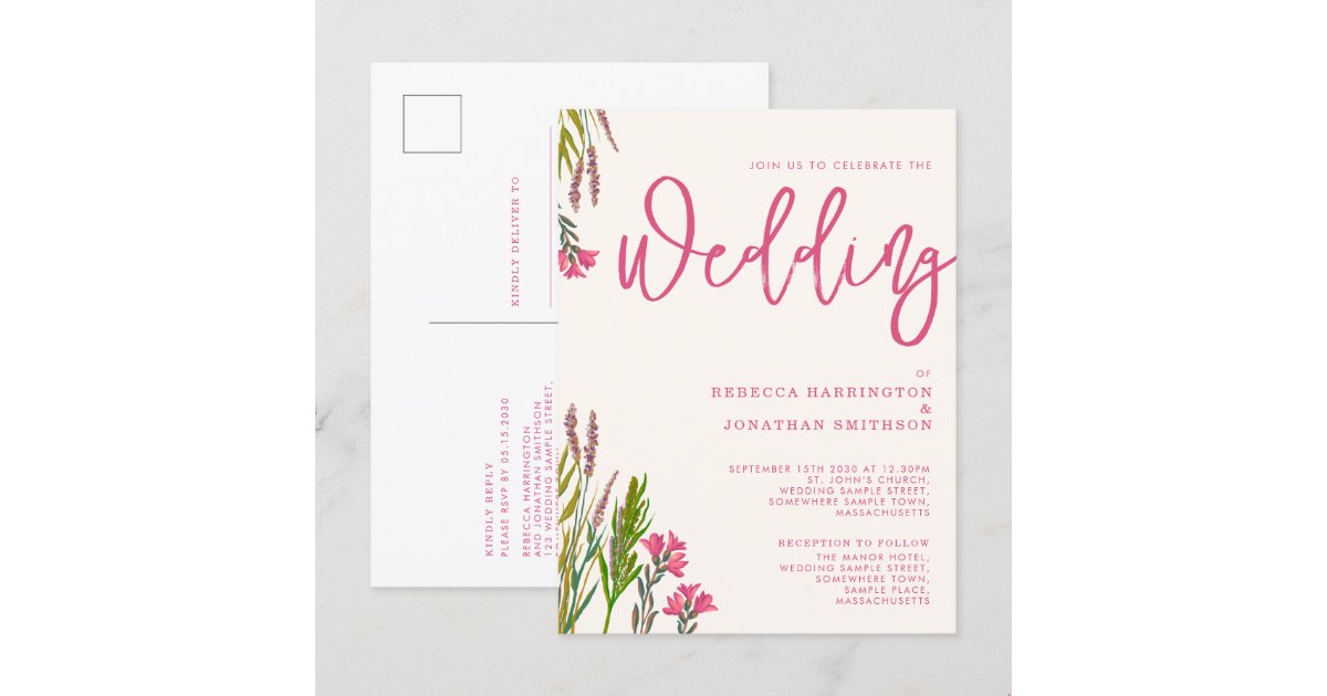 Wildflower Boho Rustic Pink Wedding Invitation Postcard | Zazzle