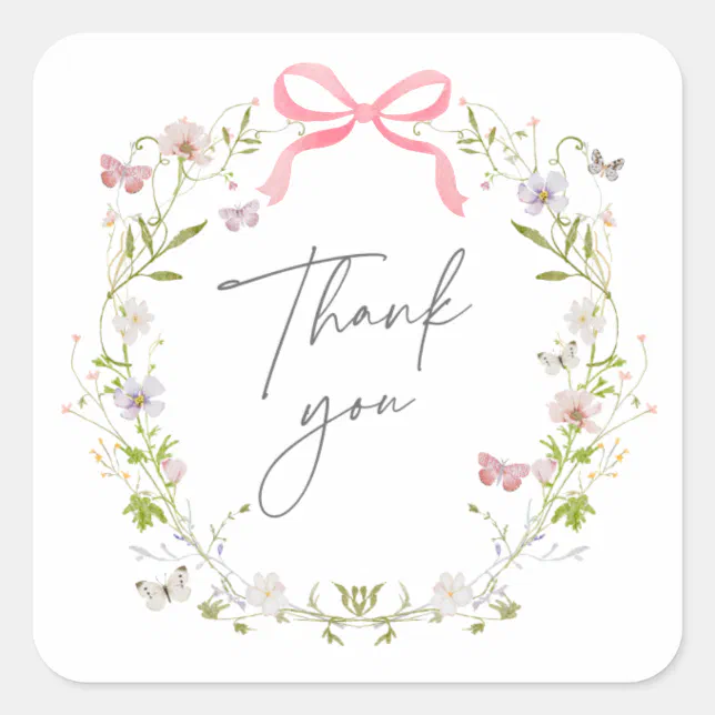 Wildflower Bow Wreath Thank You Square Sticker | Zazzle