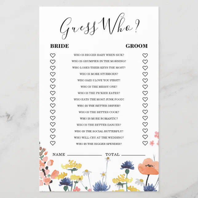 Wildflower bridal shower Guess Who Game Flyer | Zazzle
