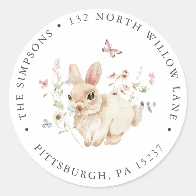 Wildflower Bunny Rabbit Return Address Classic Round Sticker | Zazzle