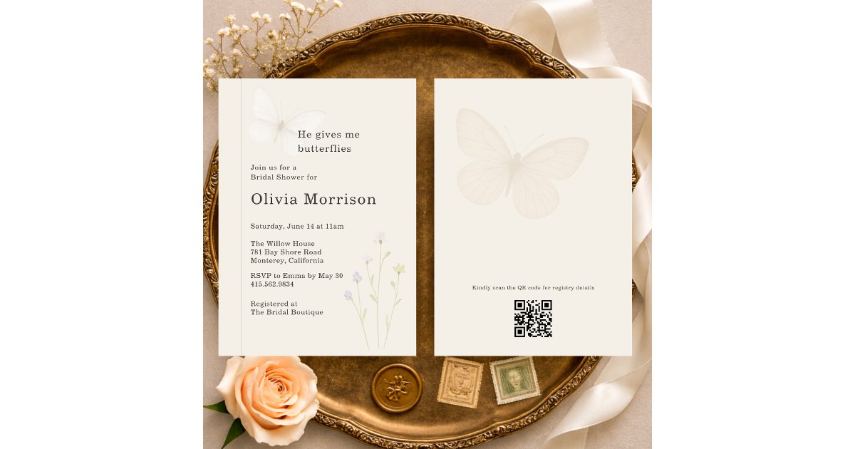 Wildflower Butterflies QR Code Bridal Shower Invitation | Zazzle