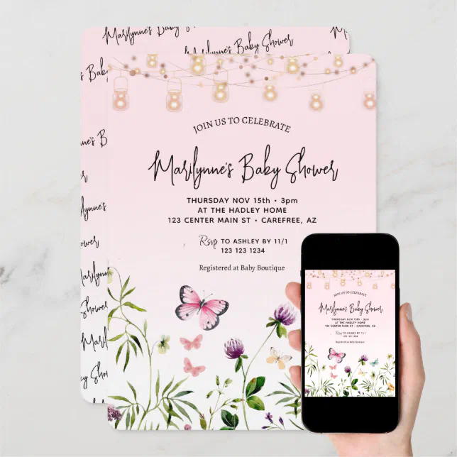 Wildflower Butterfly Pink Script Baby Shower Invitation | Zazzle