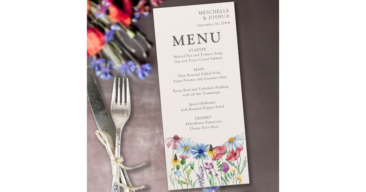 Wildflower Charm Country Floral Wedding Menu | Zazzle